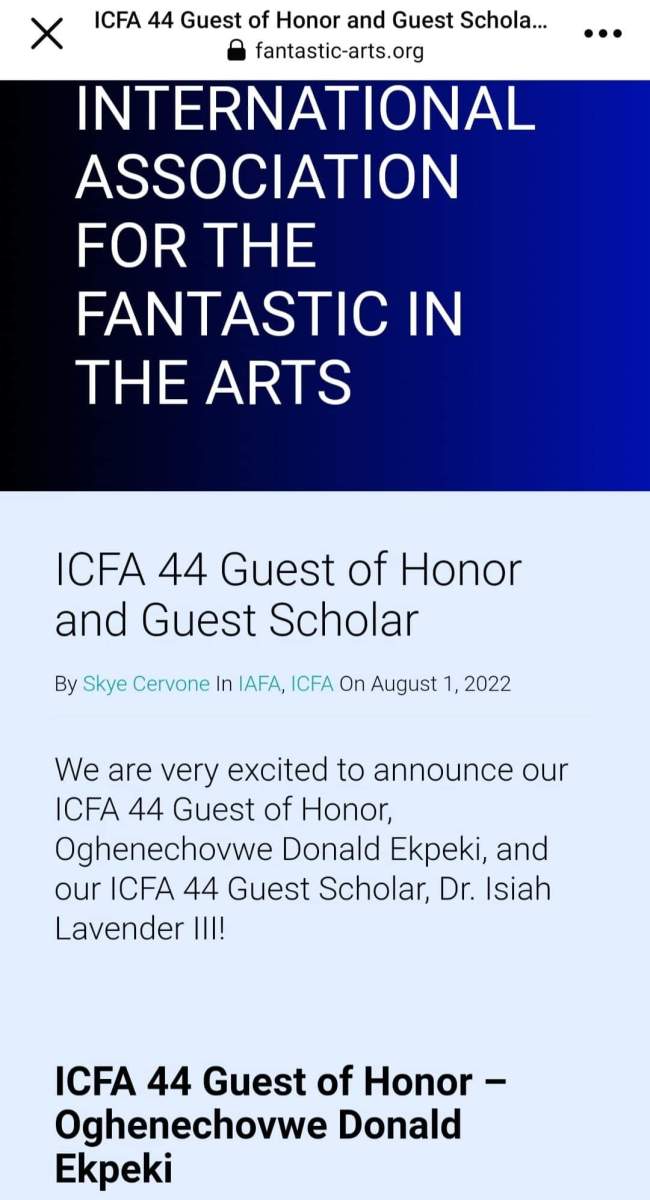 ICFA 44 Guest of Honor – Oghenechovwe Donald Ekpeki