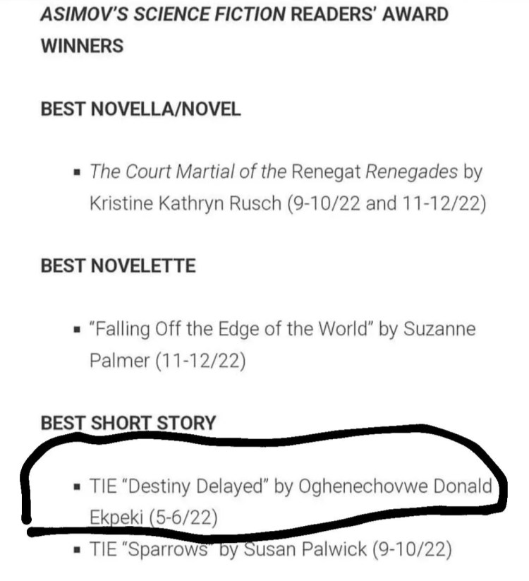 Asimov’s Science Fiction Reader’s Award Winner – Oghenechovwe Donald Ekpeki